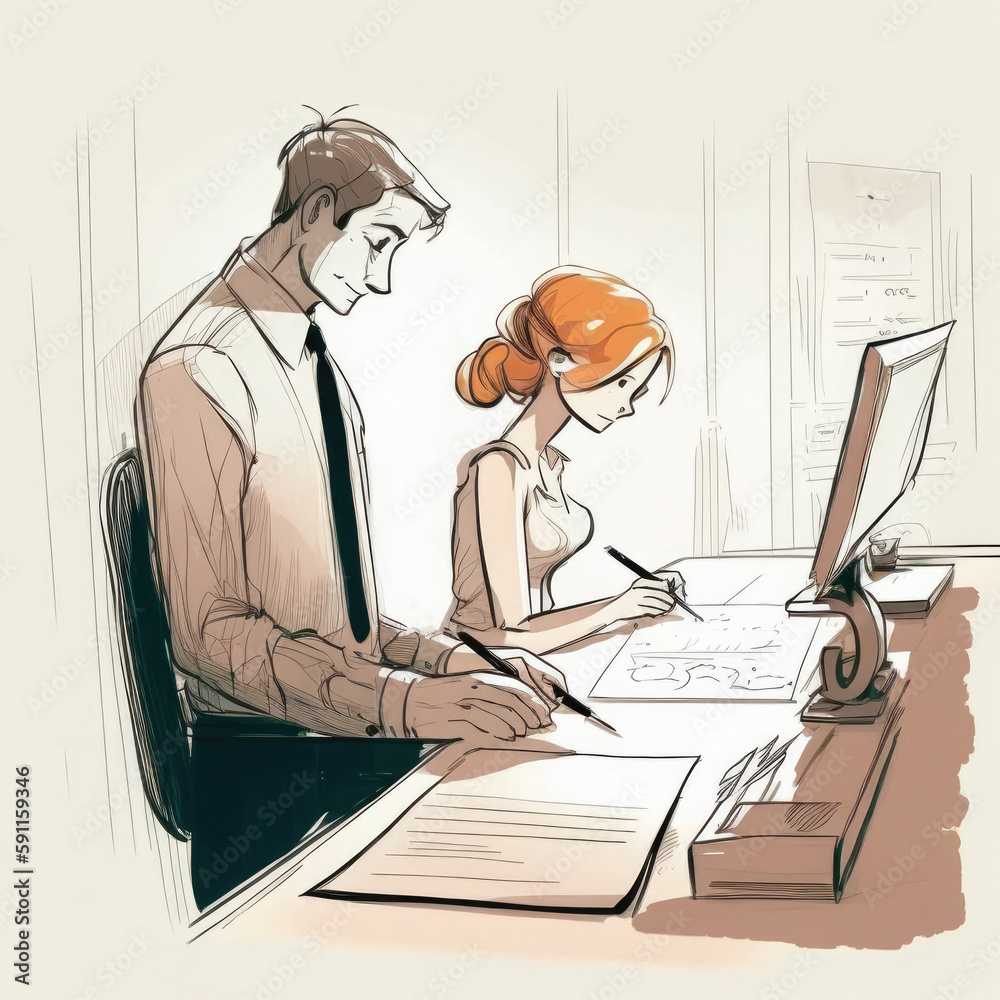 Office workers sitting at desks and communicating. Clerks at workplace ...