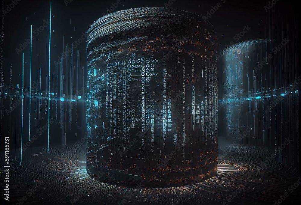 Panoramic view of data matrix code in 3d render volumetric futuristic ...