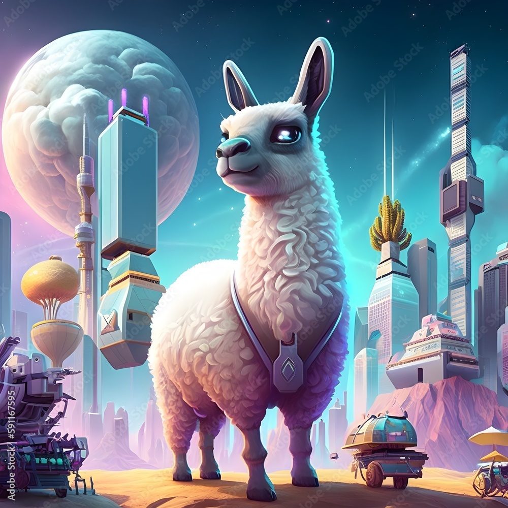 cute llama cartoon style 3d realistic space cyberpunk city background ... cute llama cartoon style 3d realistic space cyberpunk city background ...