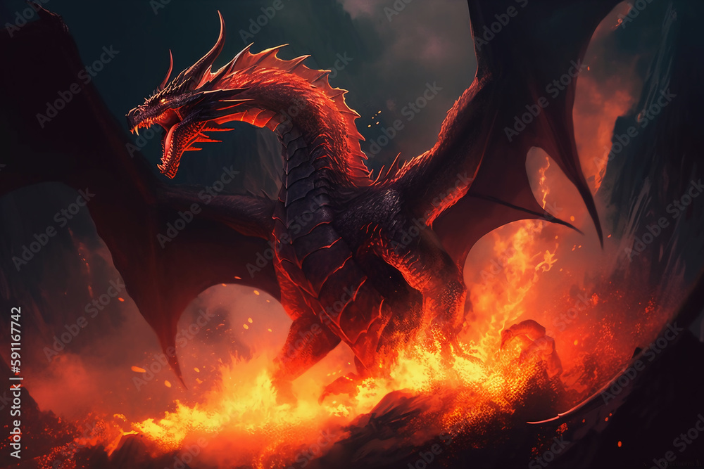 Fire breathes explode from a giant dragon in a black night Generative ...