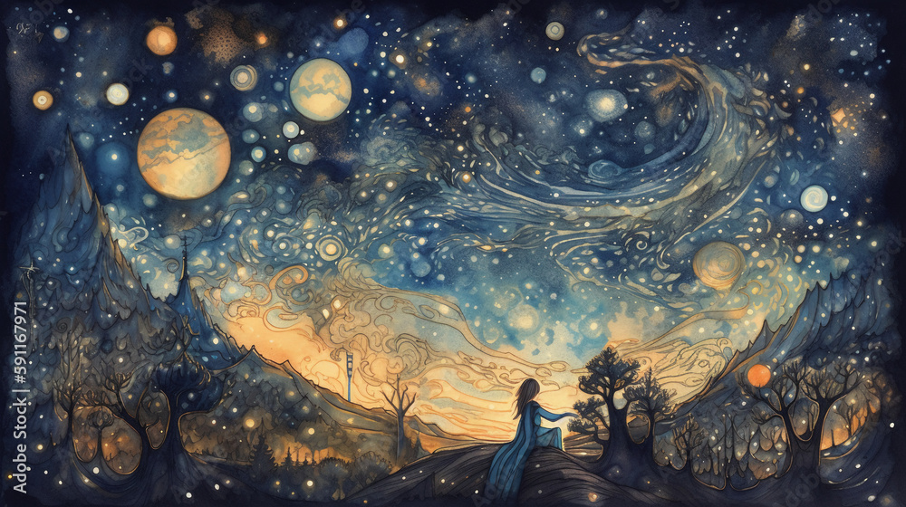depicting a fantastical celestial scene with planets, stars and ...