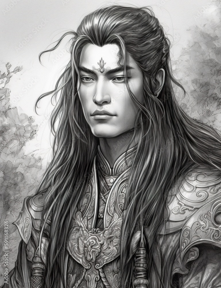 Fantasy character with Asian influences, savage prince with long black ...