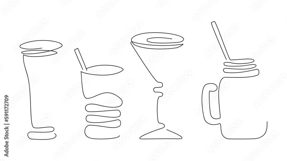 Vetor de Continuous one line of drinks cocktails in silhouette ...