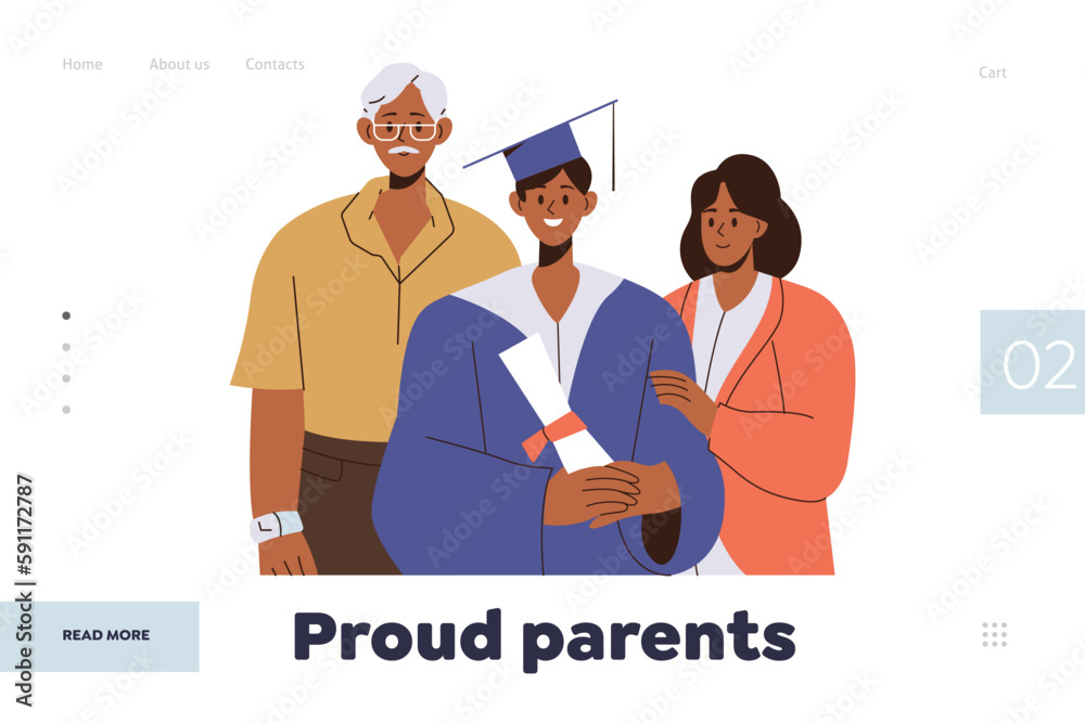Proud parents landing page with happy family greeting graduate child ...