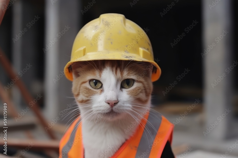 Engineer cat in a work helmet on a construction site. Construction of a ...