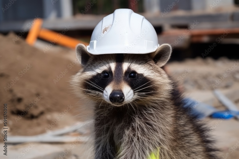 Engineer raccoon in a work helmet on a construction site. Construction ...