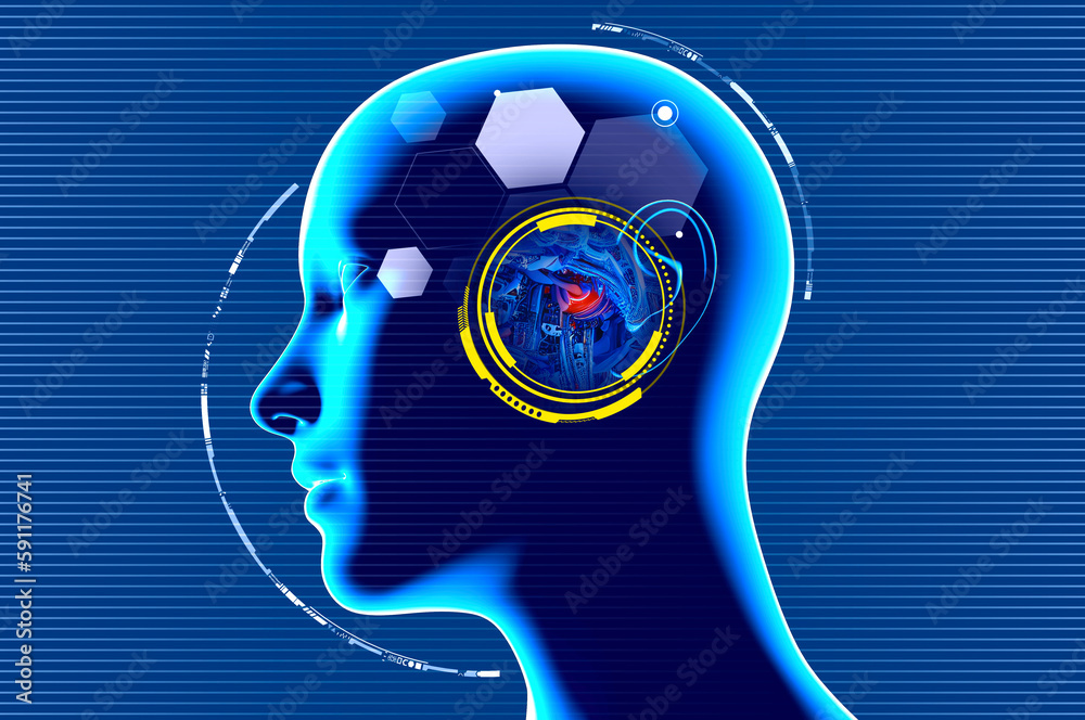 Girl seen in profile, robotically modified, cyborg with human features ...