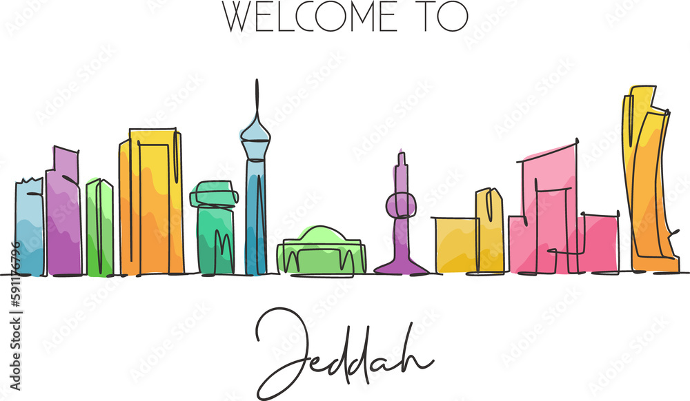 One continuous line drawing of Jeddah city skyline, Saudi Arabia ...