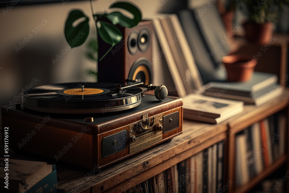 Vintage turntable. A collection of vinyl records on a shelf in the ...