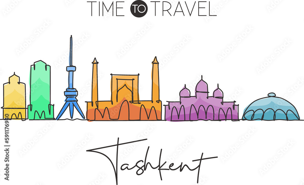 One single line drawing of Tashkent city skyline, Uzbekistan. World ...