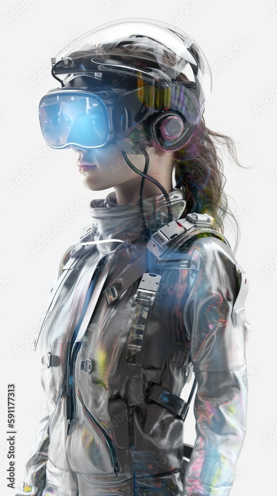A stunning futuristic gamer wearing a virtual reality headset, adorned ...