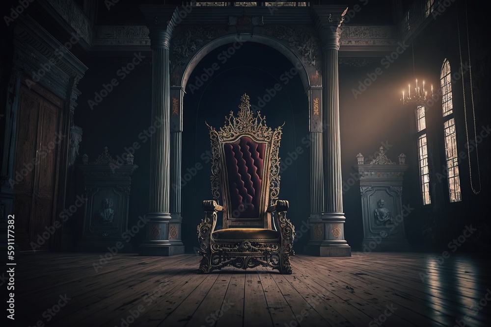 Royal throne. Throne of the king, queen. Gloomy throne room with an ...