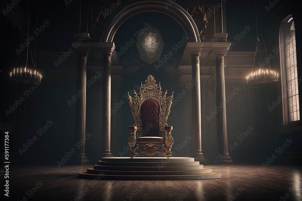 Royal throne. Throne of the king, queen. Gloomy throne room with an ...