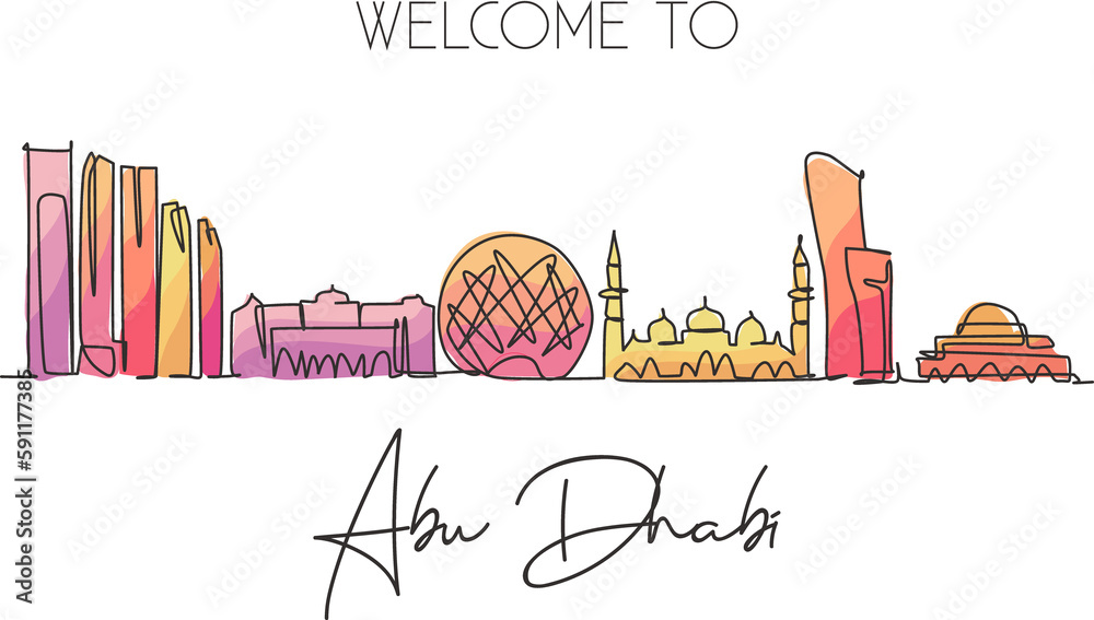One continuous line drawing of Abu Dhabi city skyline, United Arab ...