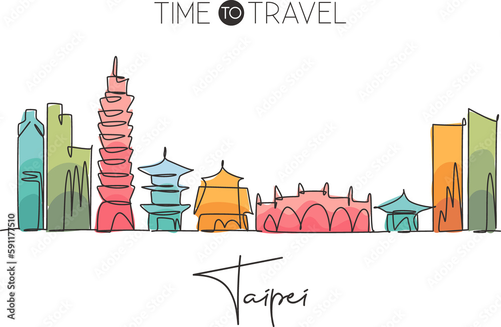 Single continuous line drawing of Taipei city skyline, Taiwan. Famous ...