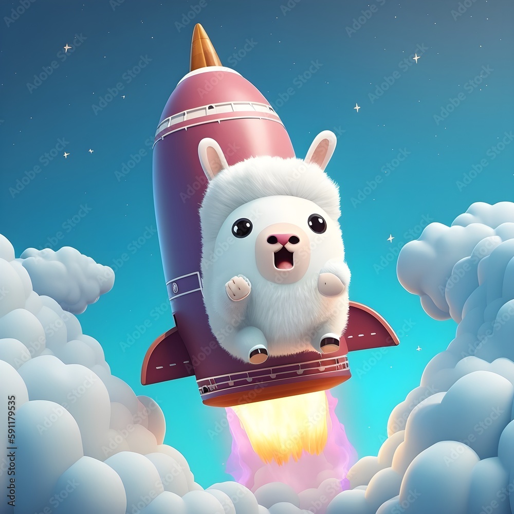 cute llama cartoon style 3d realistic rocketship space background Stock ...
