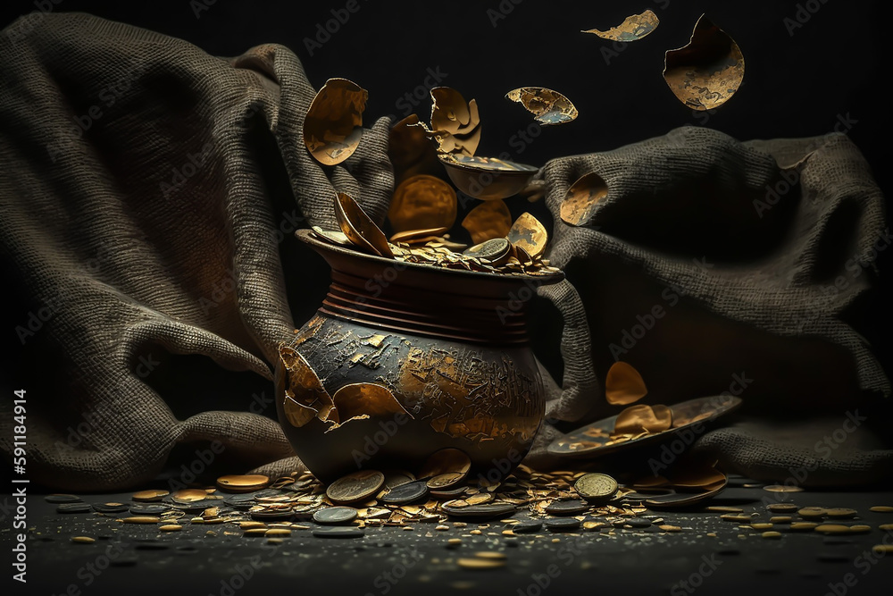 found a broken old clay pot with gold money, genitive ai Stock ...