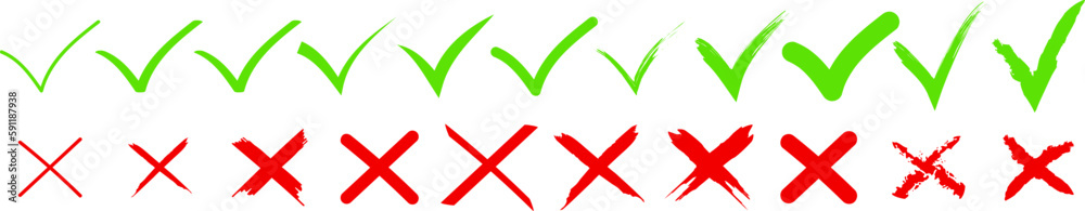 Set of hand-drawn check mark and cross. Consent sign, checkmark, ok and ...