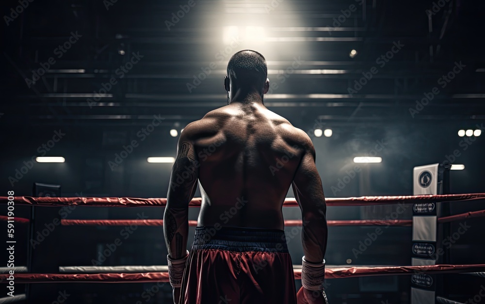 Boxing champion standing on arena. Rear view of shirtless man in boxing ...
