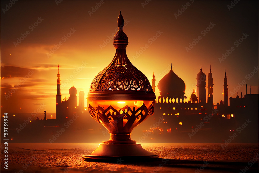 Fabulous oriental golden lamp lamp with magical light inside. In the ...