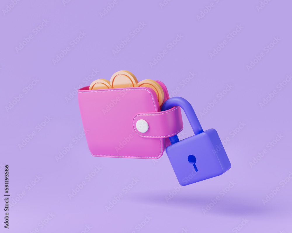 Wallet with Padlock on purple background. Safety payments concept ...