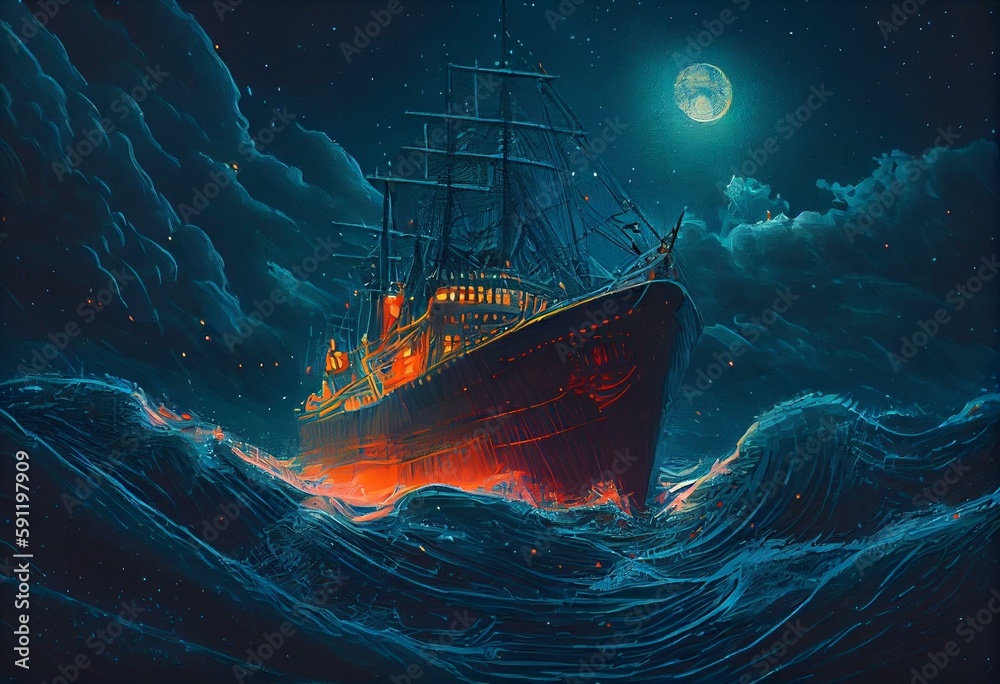 painting of a ship in the ocean at night, concept art with vivid color ...
