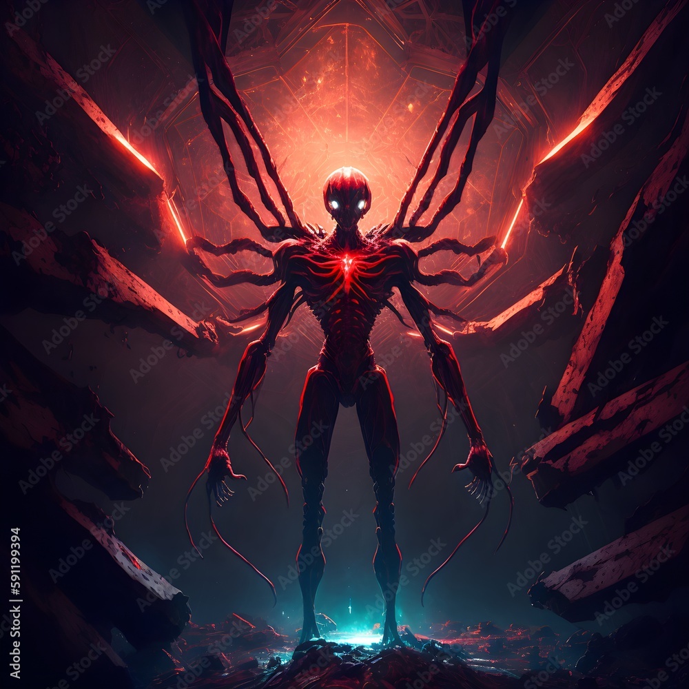 giant humanoid alien with six arms and black skin floating in an ...