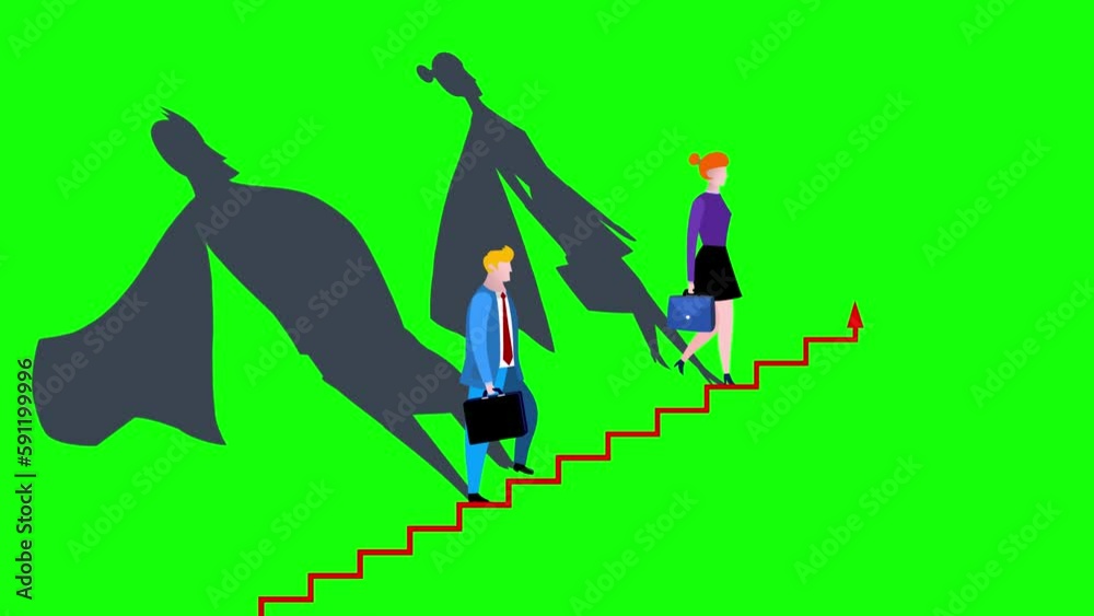 Cartoon business stairs couple with super hero shadow isolated. Going ...