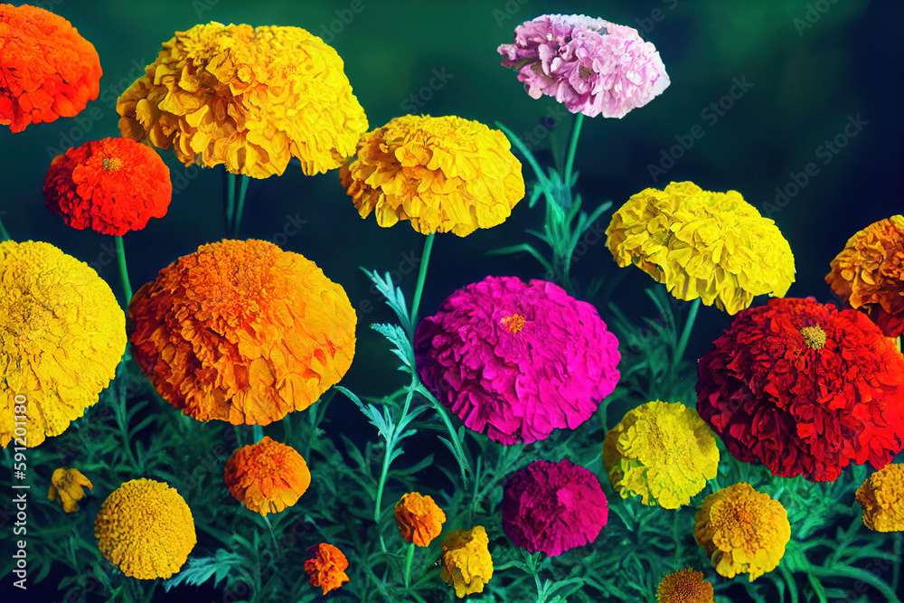 Ravishing realistic illustration field of vivid and blossom marigold ...