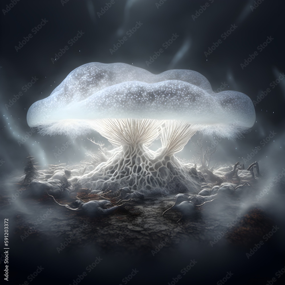 mycelium network ground with mushrooms exploding magical particles ...