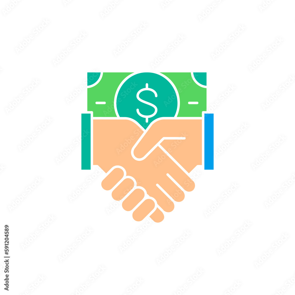 Dollar banknote with handshake, partnership white outline icon. Cash ...