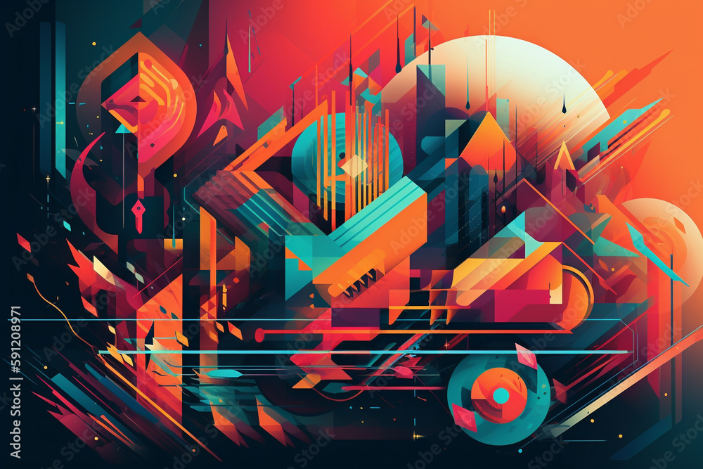 GENERATIVE AI Digital artwork with abstract shapes and vibrant colors ...
