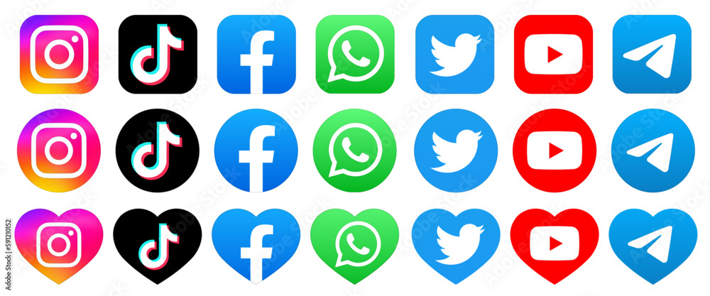 Instagram, TikTok, Facebook, Whatsapp, Twitter, YouTube, Telegram and Skype app icons. Set of ...