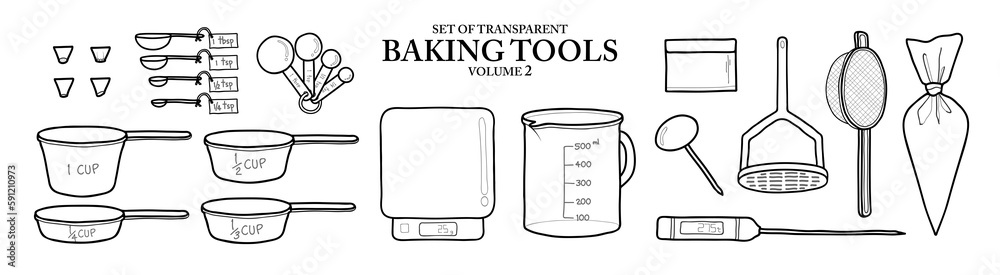 Cute hand drawn isolated black outline cooking tools on transparent ...