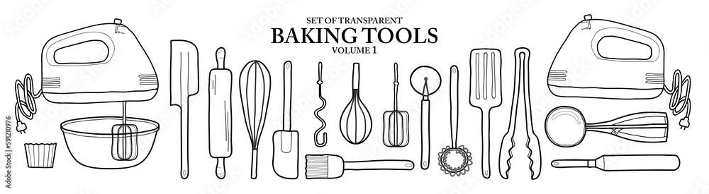 Cute hand drawn isolated black outline cooking tools on transparent ...