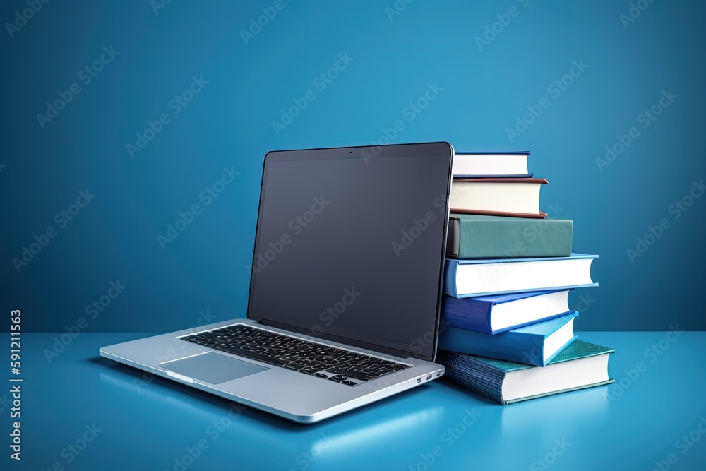 Laptop and books illustration, technology and knowledge concept, blue ...