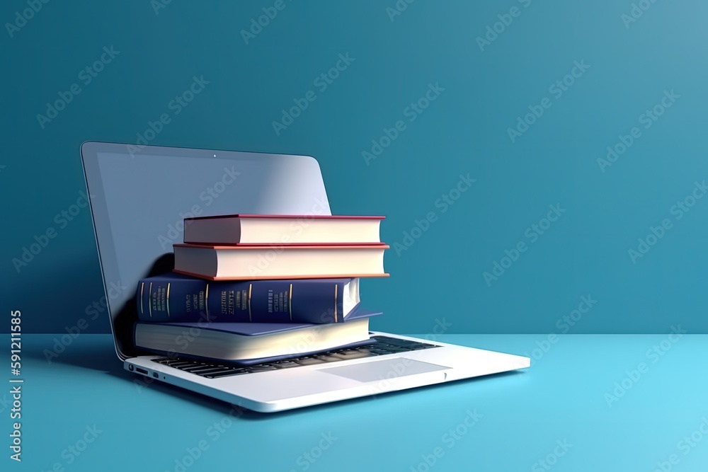 Laptop and books illustration, technology and knowledge concept, blue ...