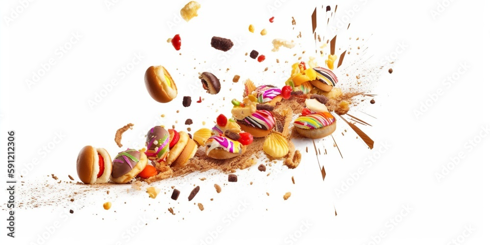 Flying junk food explosion, concept of Food waste and Unhealthy diet ...