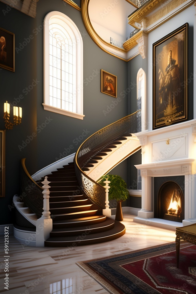 Interior of a 2 story house with curved stairs, objects, columns ...