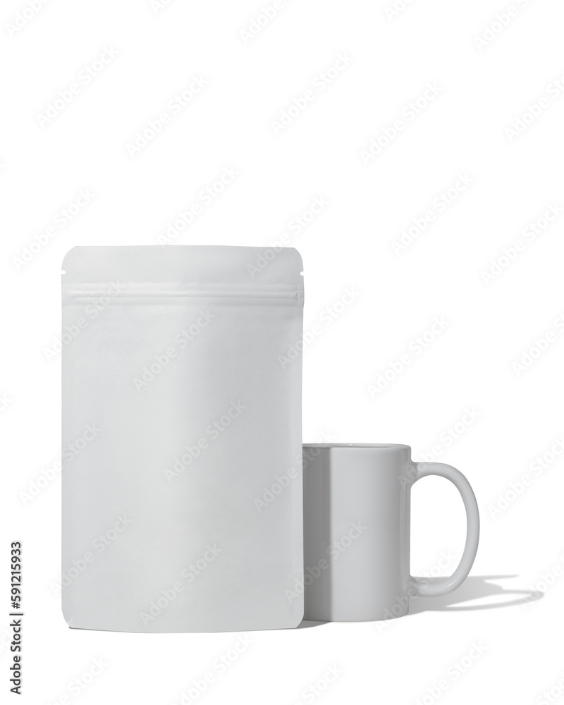 White cardboard packaging for tea and a mug. Branding and packaging ...