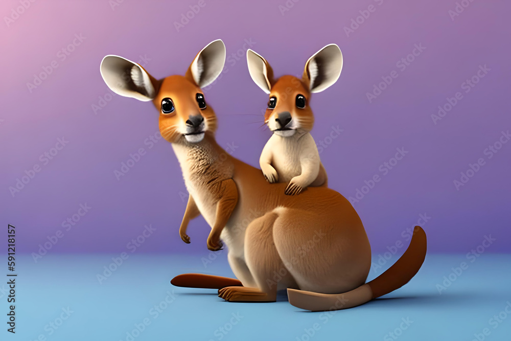 A Cute adorable baby kangaroo character with his mother stands in a ...