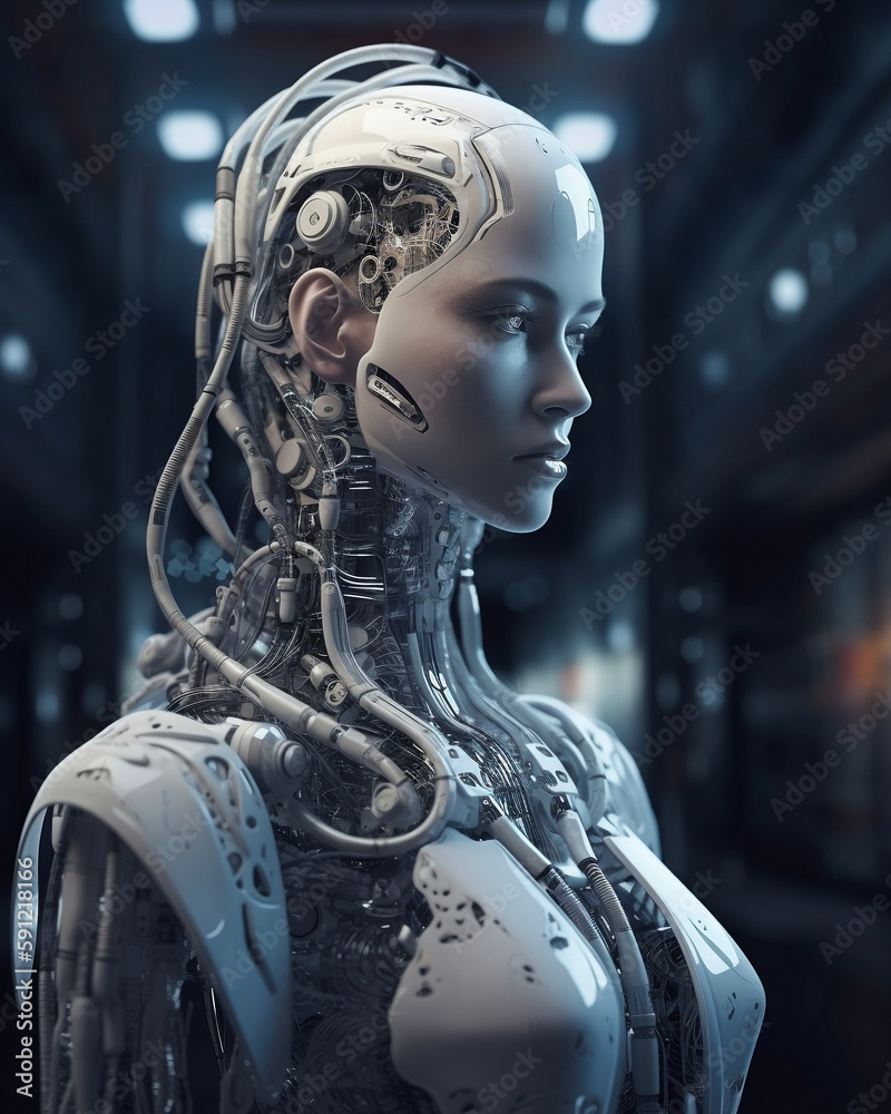 Weiblicher Cyborg, Robotikapparat-Exoskelett-Innendetails, geringe ...