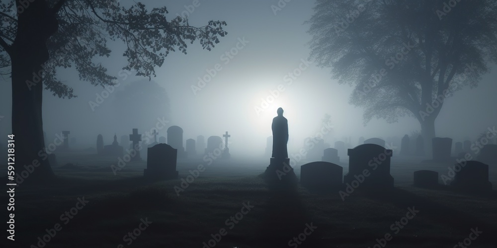 haunting image of lone figure standing in misty graveyard at night with shadows and fog creating ...