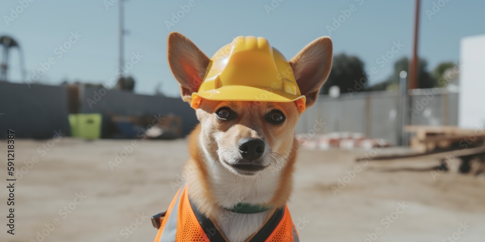 hilarious dog wearing hard hat and safety vest pretending to be ...