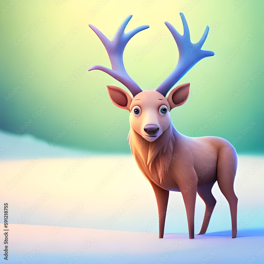 A Cute adorable baby deer or elk character stands in a light room with ...