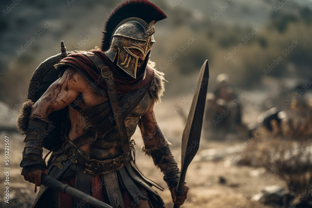 Portrait of a Spartan with a spear in armor and a Corinthian helmet, in ...