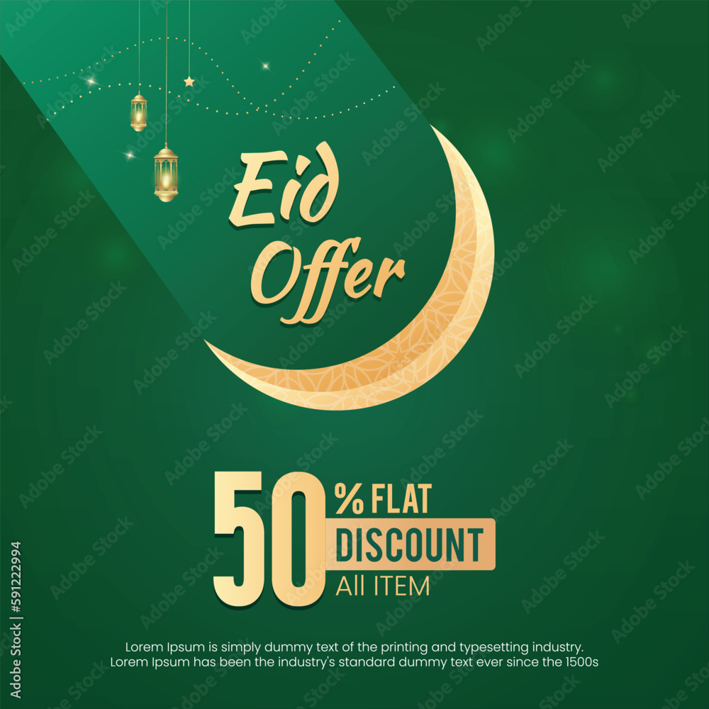 Eid offers social media post template design, with a crescent moon, 50% ...