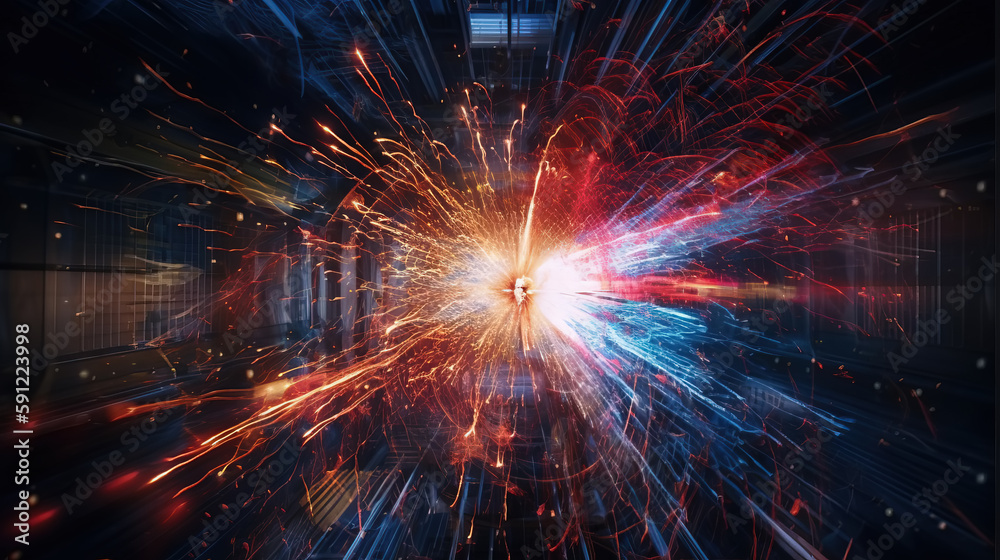 Explosion of colliding particles, science concept. Burst of red and ...
