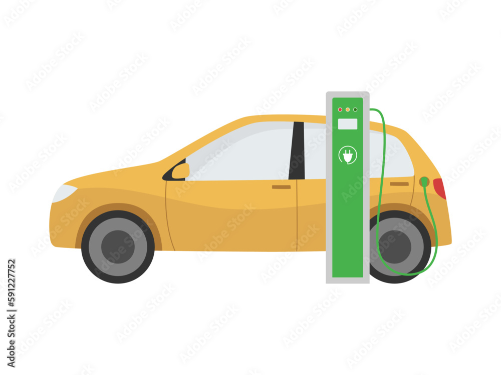 Electric car near charging station. Green electricity energy ...