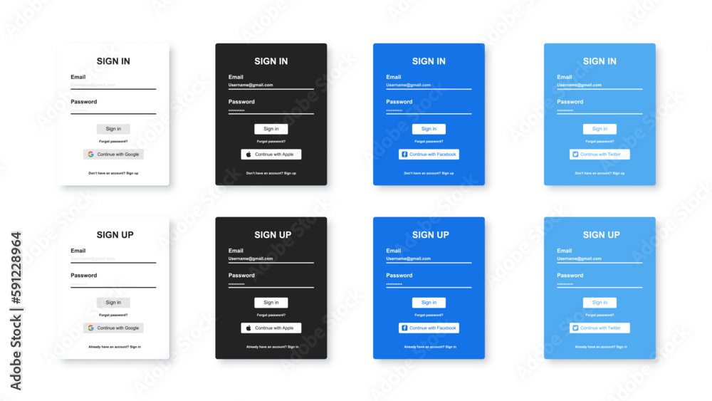 Log in form template set. Sign in with Google, Apple, Facebook and ...